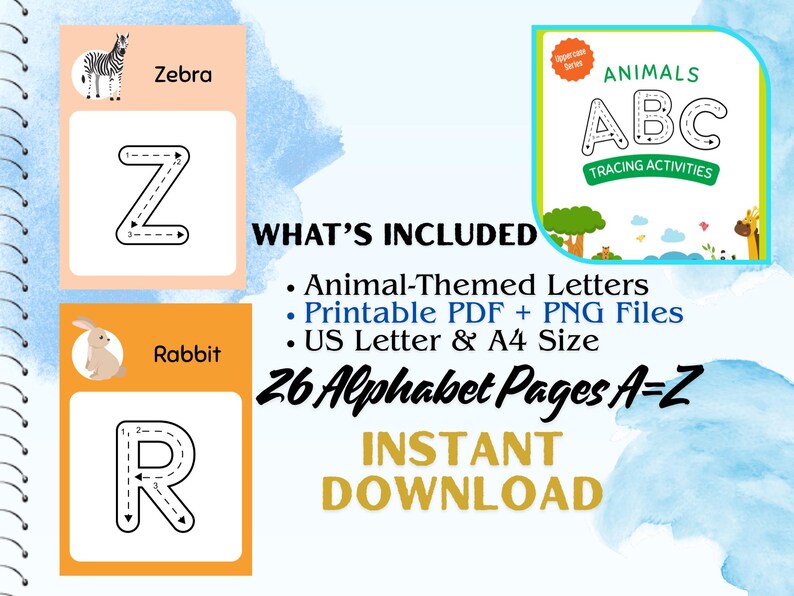 Animal Alphabet Tracing Worksheets, Printable Handwriting Practice for ...