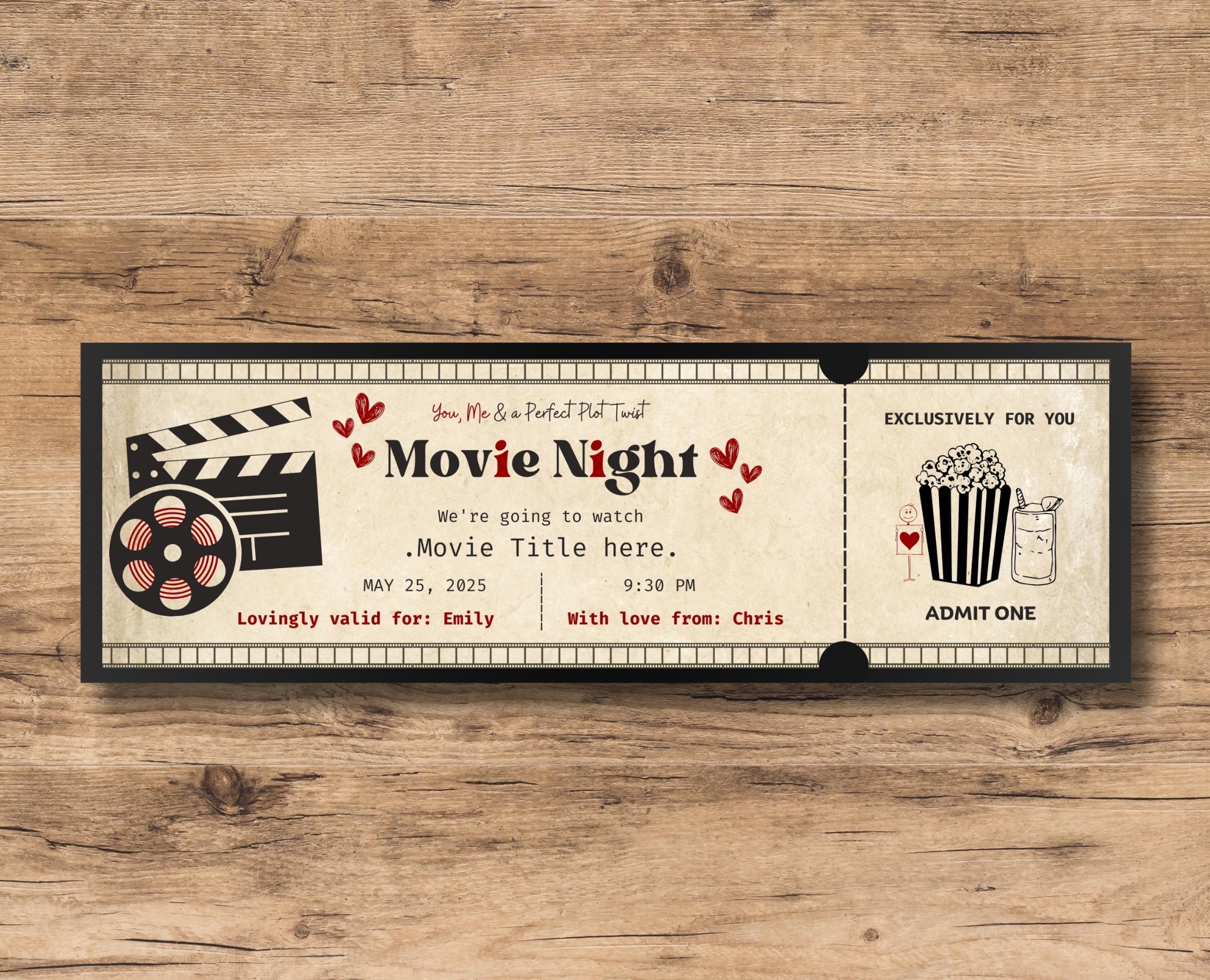Editable Movie Night Ticket Printable, Movie Date Voucher, Valentines ...