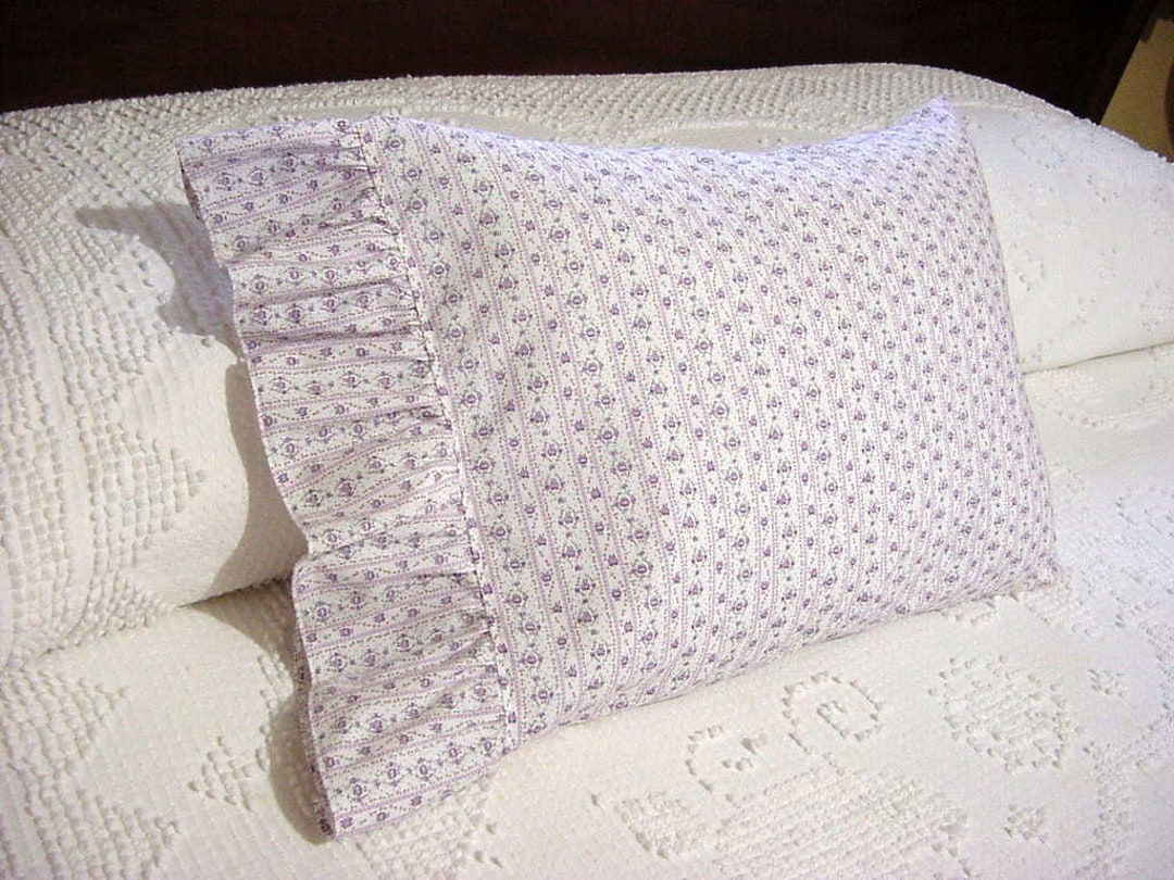 Purple Ticking Stripe Ruffled Travel Pillowcase Lavender Rose Floral ...