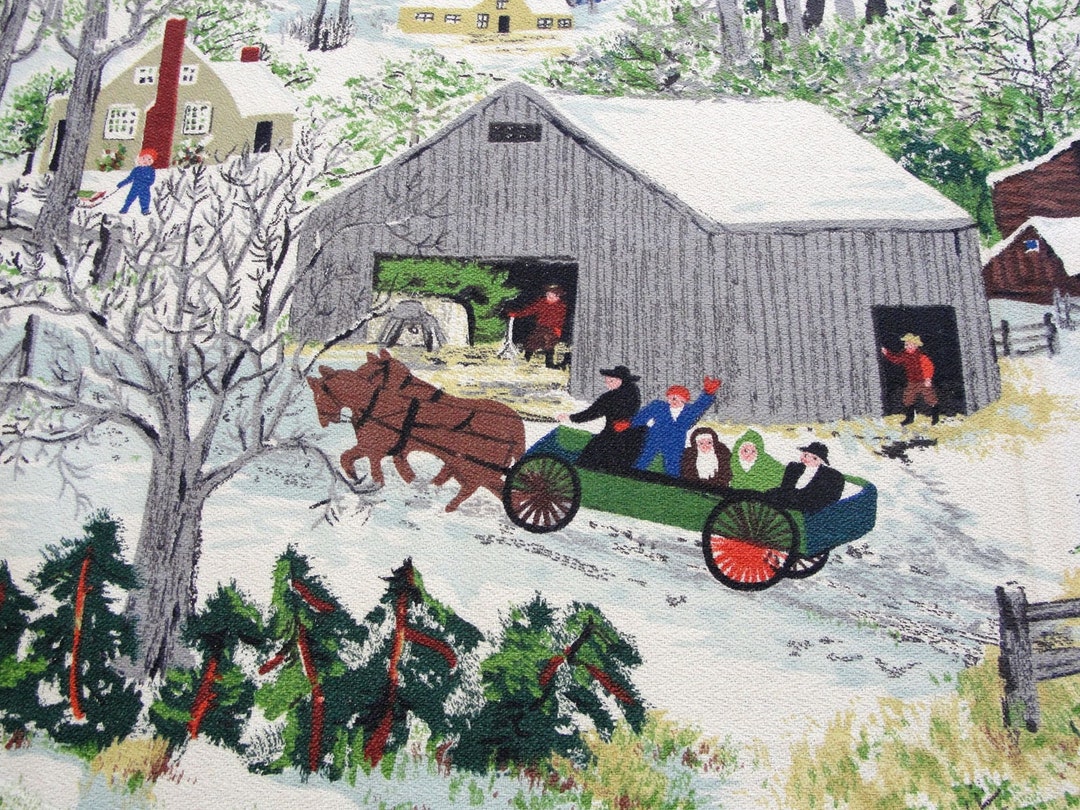 Vintage 50s Grandma Moses Barkcloth Fabric Piece Early Springtime on ...