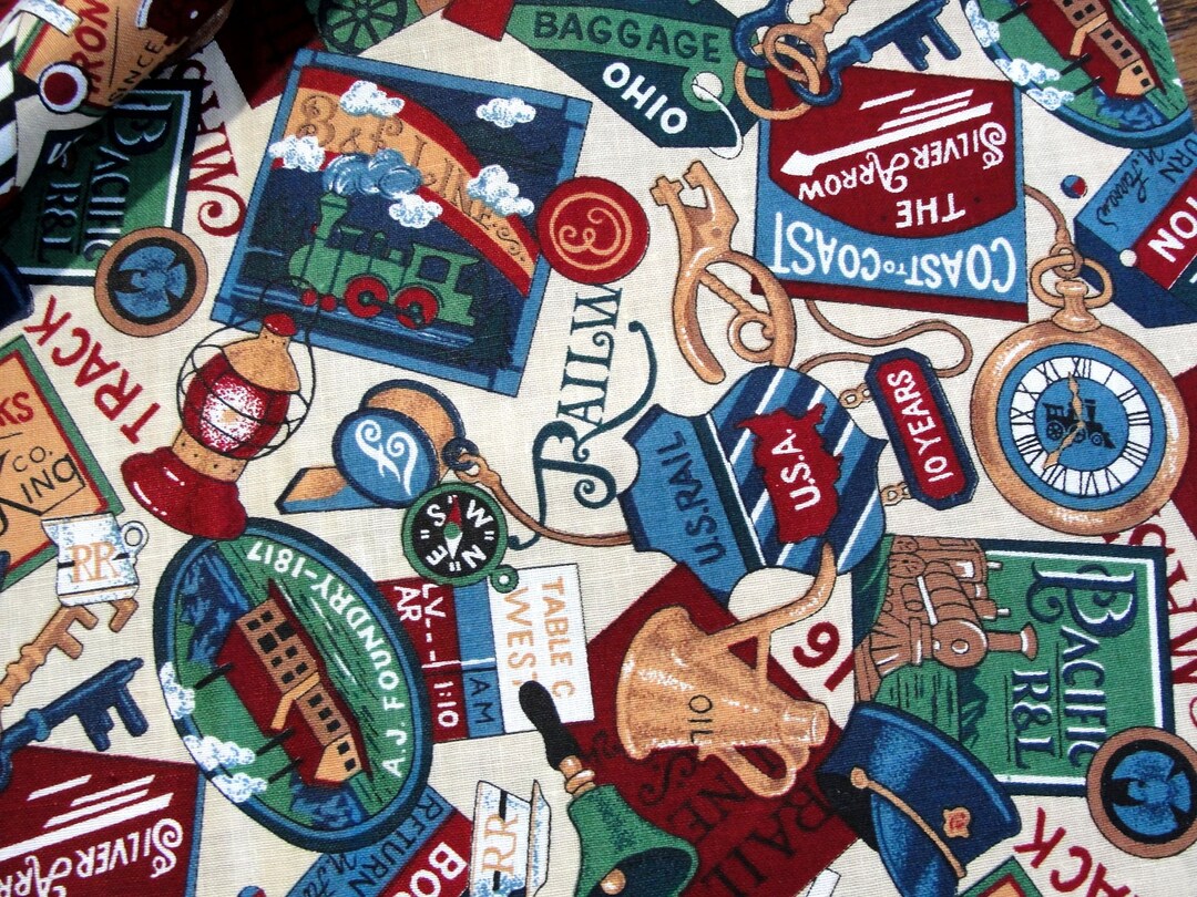 Train Travel Cotton Fabric - Railroad Signs, Lanterns, Conductor Caps ...