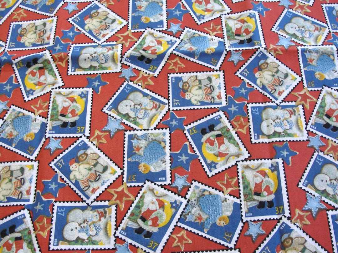 Vintage Snowman USPS Postage Stamps Block Fabric Christmas Santa ...