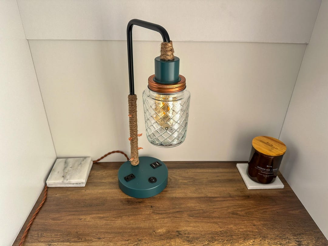 Green Forest Table Lamp With Pinecone Glass Shade & USB Ports - Etsy