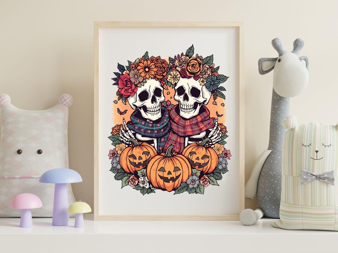 Skeleton Couple Halloween PNG | Retro Skeletons With Pumpkins | Gothic ...
