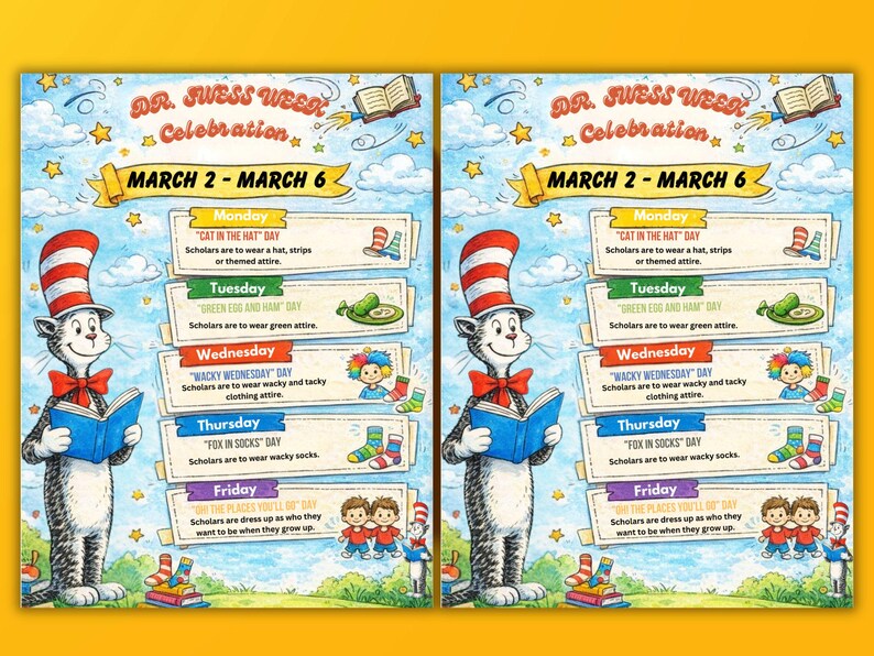 Editable Dr. Seuss Spirit Week Flyer, School Reading Event Poster ...