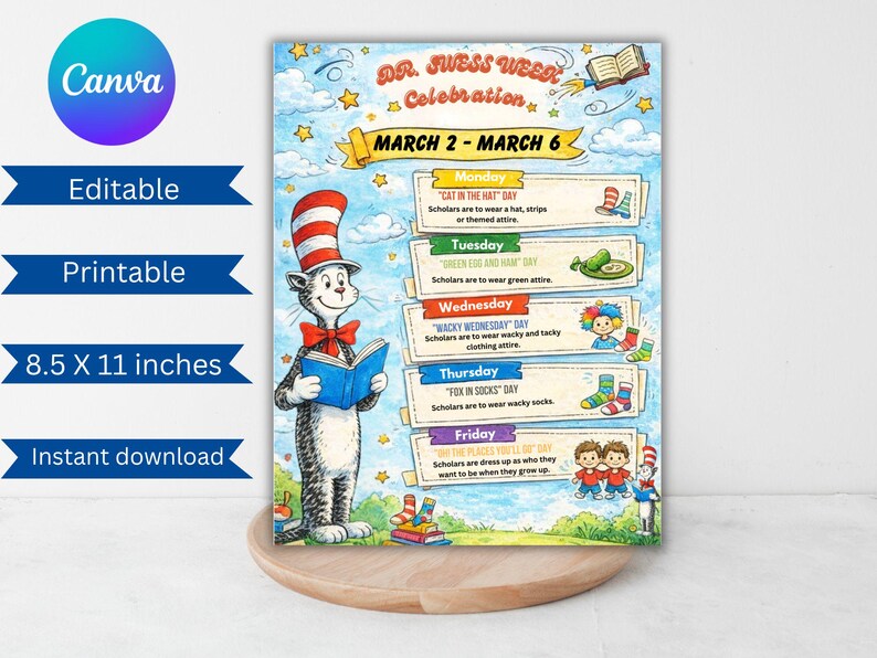 Editable Dr. Seuss Spirit Week Flyer, School Reading Event Poster ...