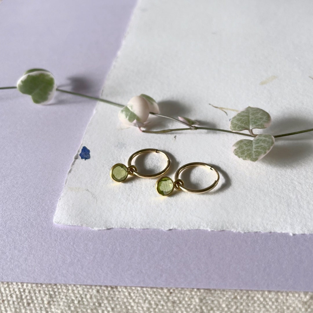 Peridot Gold Hoop Earrings, 14k Gold Filled Endless Sleeper Hoops ...