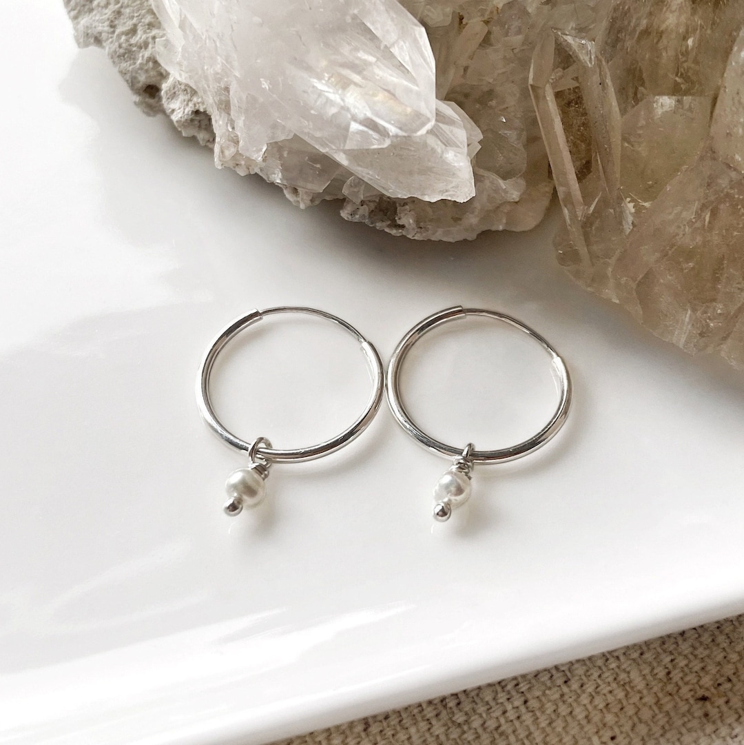 Silver Sleeper Hoops With Pearls, Sterling Silver Endless Hoops, Tiny ...