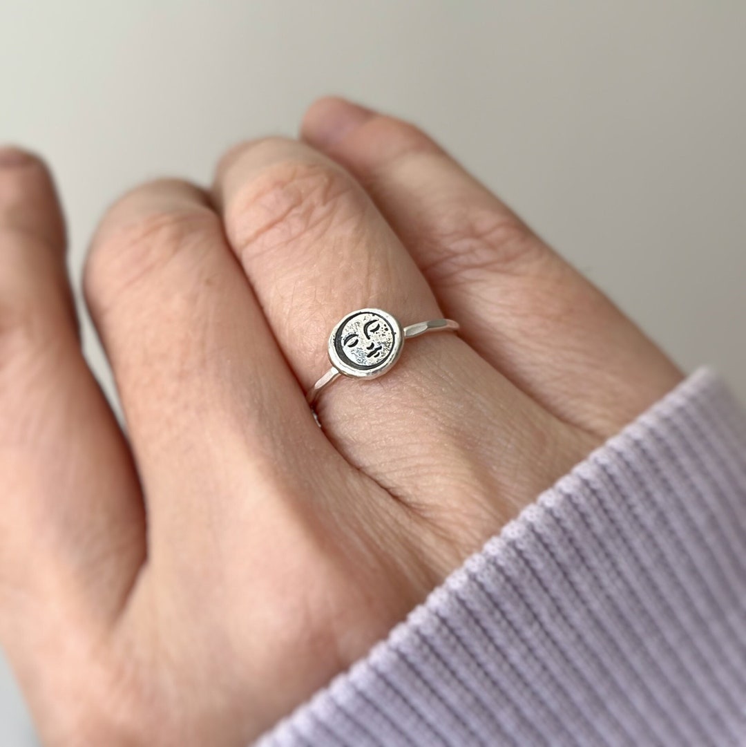 Moon Face Ring, Full Moon Smiling Face, Sterling Silver Celestial ...