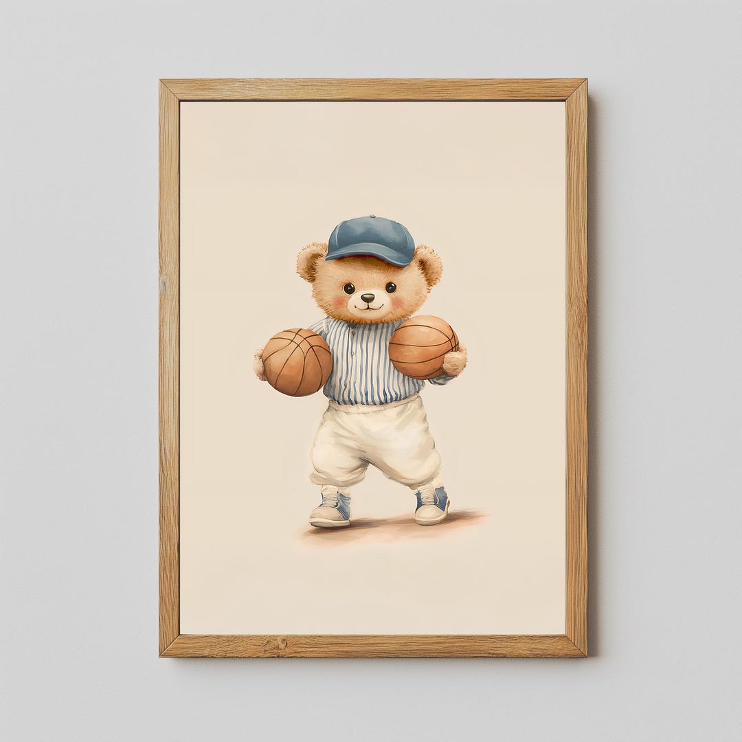 Basketball Teddy Bear Nursery Wall Art, Sports Themed Print for Kids ...
