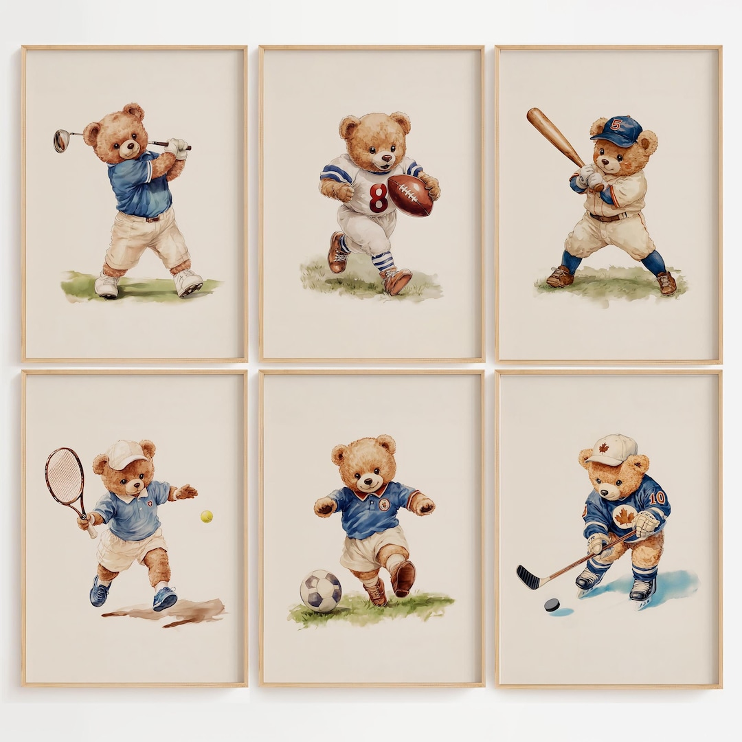 Vintage Teddy Bear Sports Nursery Wall Art Set of 6 Printable ...