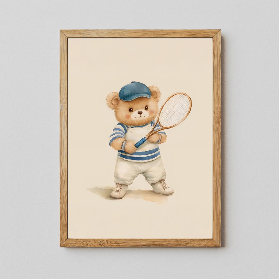Tennis Teddy Bear Wall Art Sports Nursery Print, Tennis Themed Baby ...