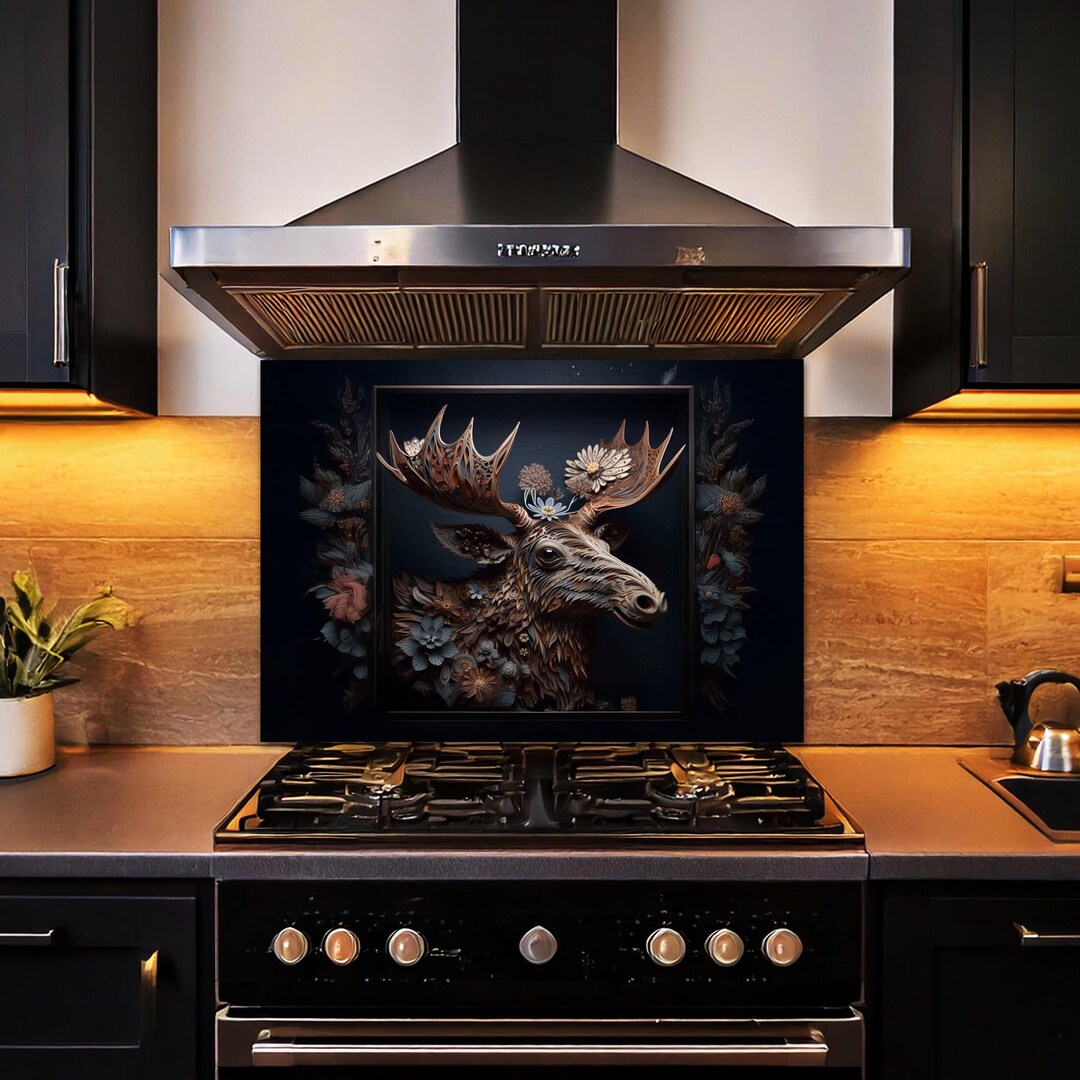 Embossed Copper Deer & Mountain Tempered Glass Backsplash - Rustic ...