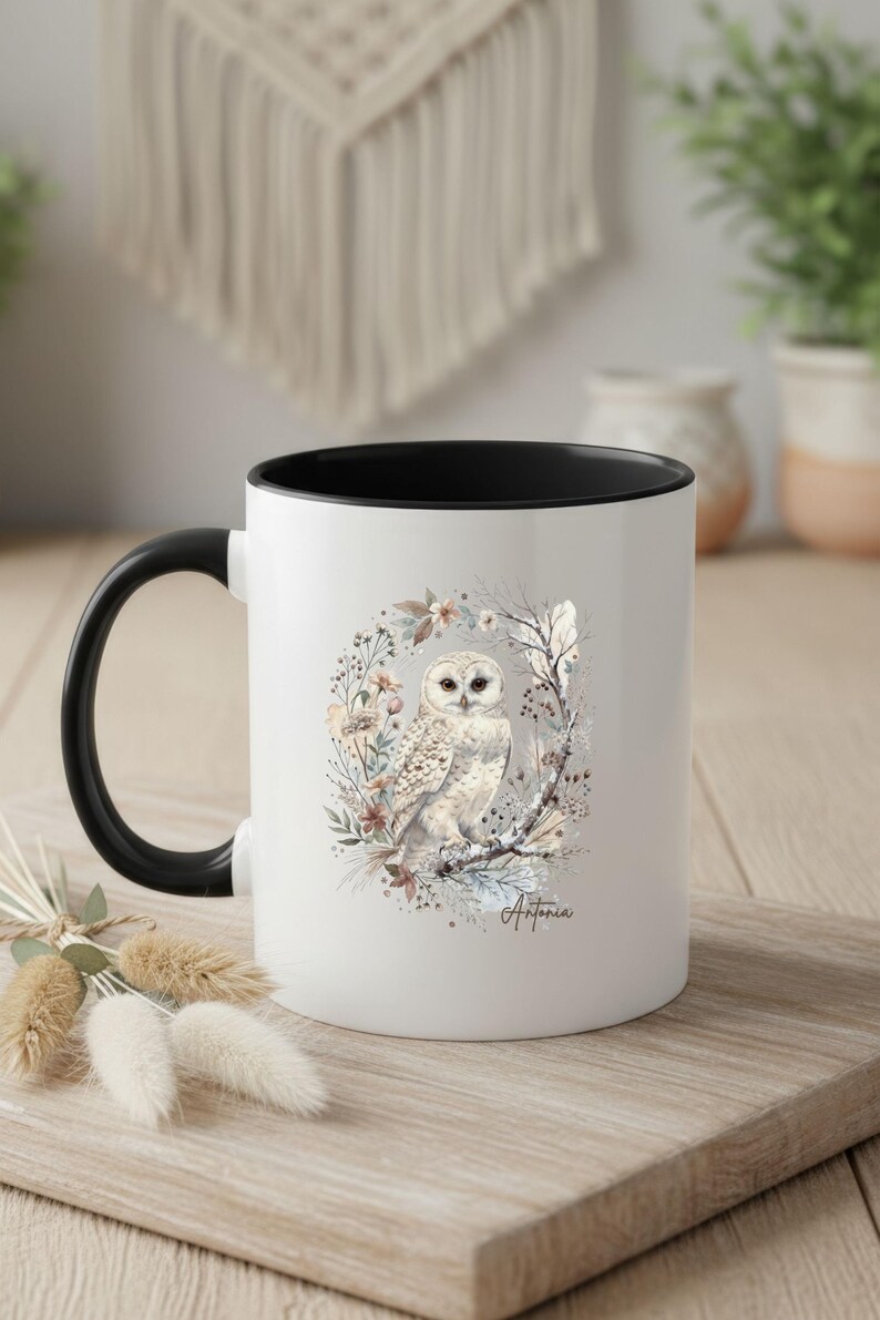 Personalized Owl Mug | Floral Cottagecore Watercolor Snowowl Coffee Cup ...