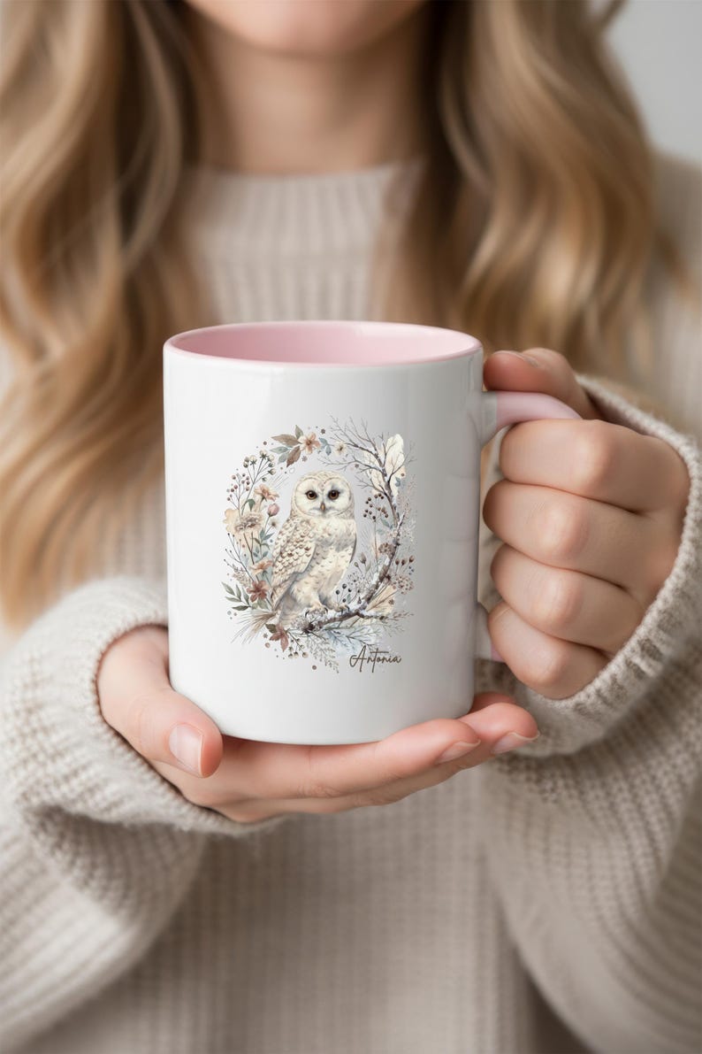 Personalized Owl Mug | Floral Cottagecore Watercolor Snowowl Coffee Cup ...