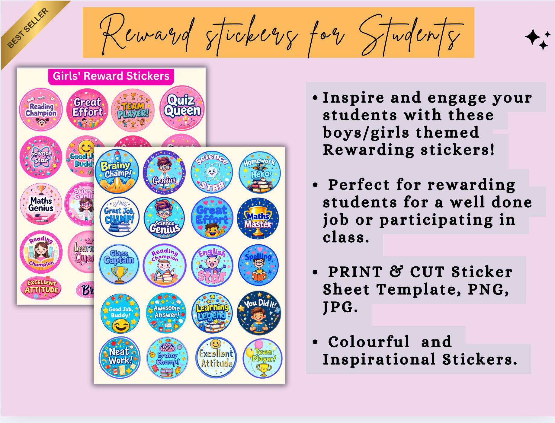 Printable Reward Stickers for Students,boys,girls Themes,motivational ...
