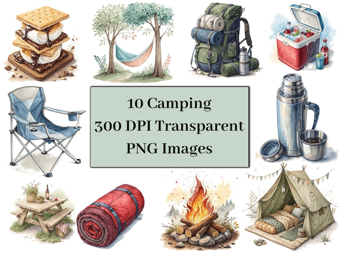 Watercolor Camping Clipart Bundle, Summer Adventure PNG Images (digital ...