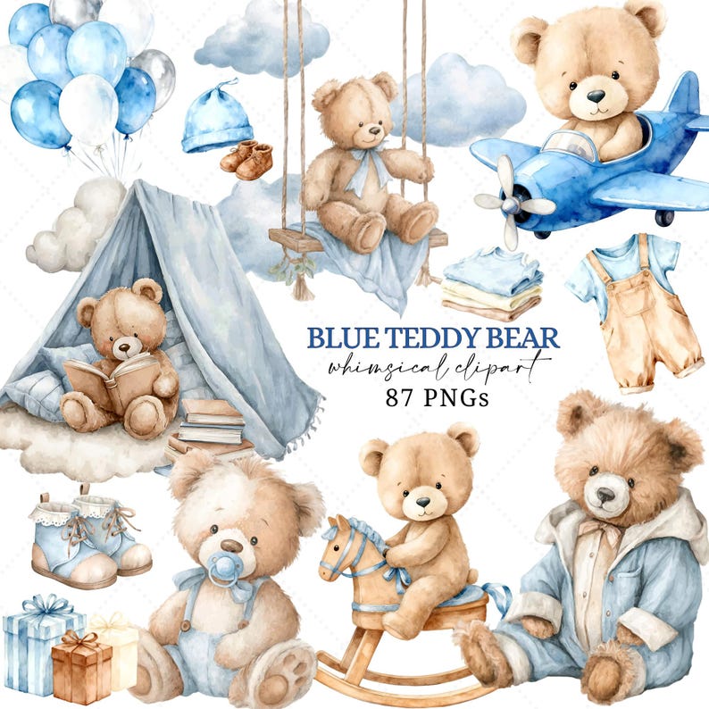 Blue Teddy Bear Watercolor Clipart Set, Nursery Graphics (87 Pngs) - Etsy