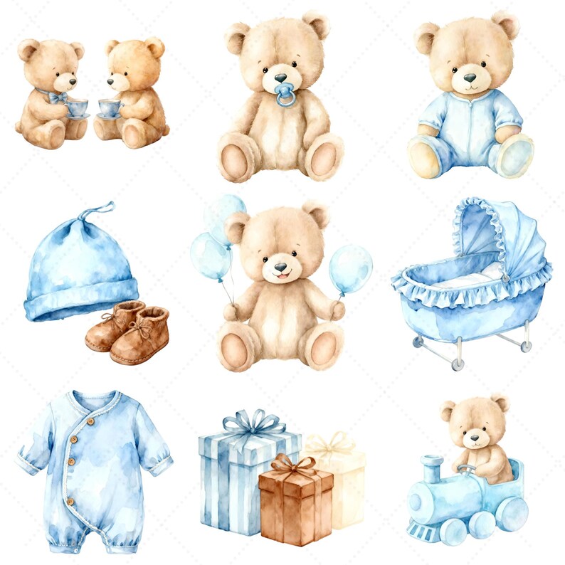 Blue Teddy Bear Clipart Set, Watercolor Baby Bear PNG, Whimsical ...
