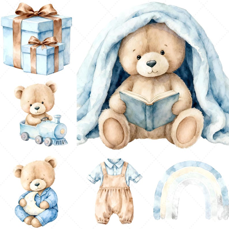 Blue Teddy Bear Watercolor Clipart Set, Nursery Graphics (87 Pngs) - Etsy