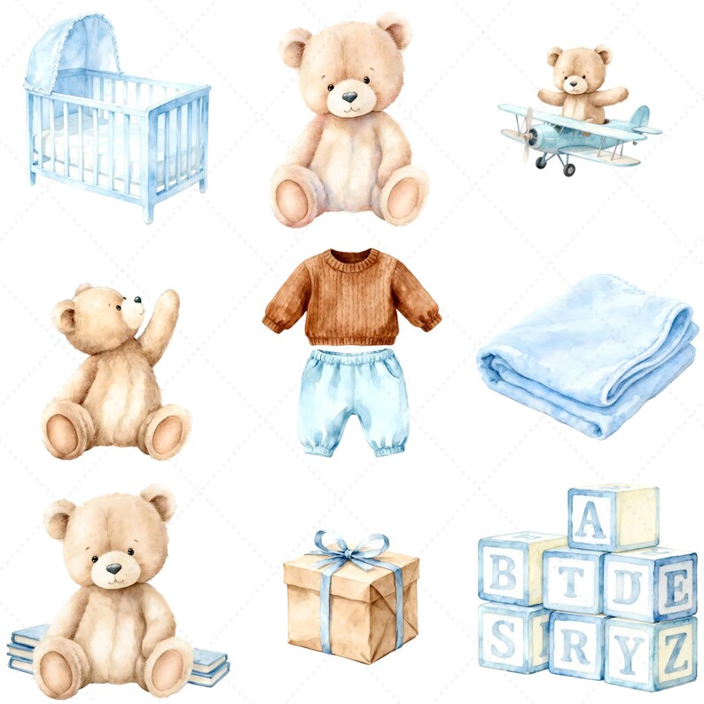 Blue Teddy Bear Watercolor Clipart Set, Nursery Graphics (87 Pngs) - Etsy
