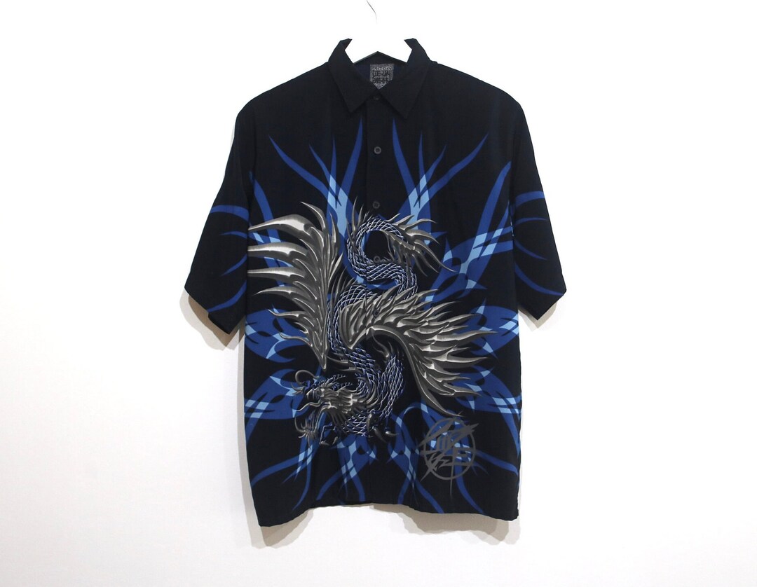 Vintage Y2K Blue DRAGON Flames Guy FIERI Style Button Down Size Small ...