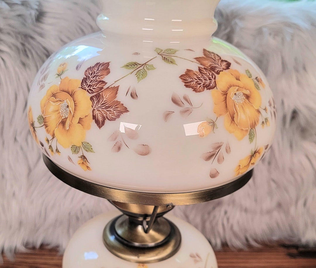Vintage Hurricane Lamp, Yellow Roses, Globes That Both Light, 16-17 ...