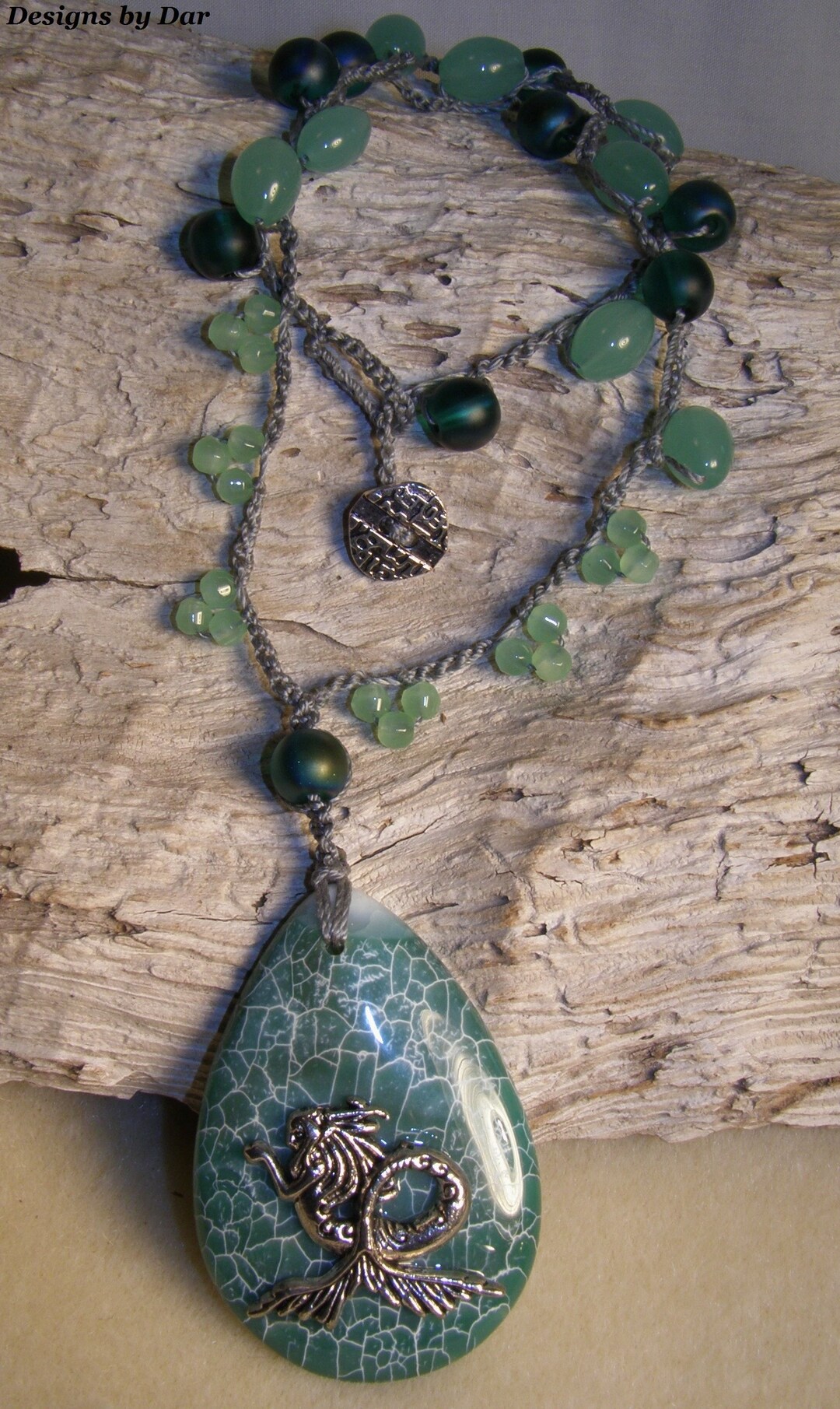 Crochet necklace with tear drop shaped crackle agate stone, Mermaid ...