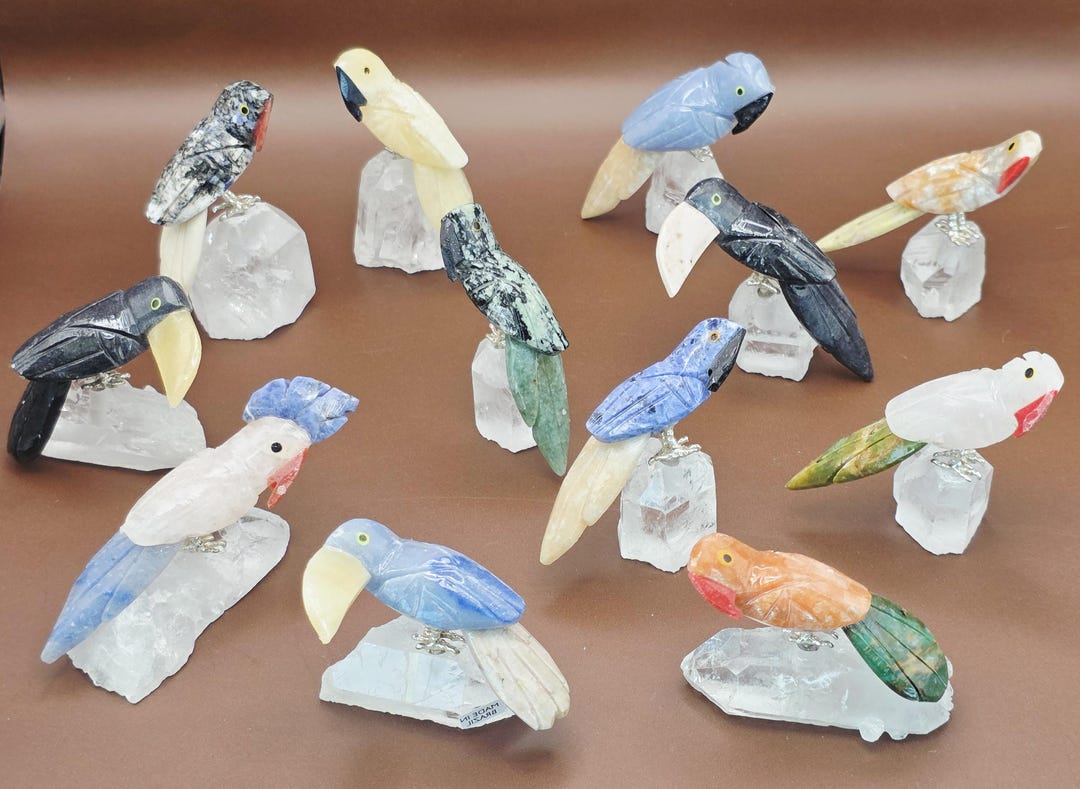 Crystal Carving Birds (set of 10): Brazilian Gemstone Parrot Figurines ...