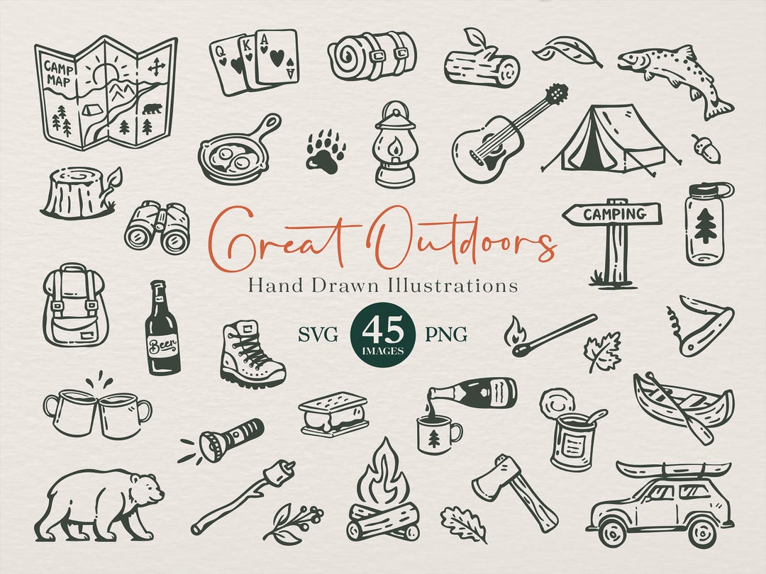 Camping Clipart: Hand Drawn Outdoors Clipart (SVG, PNG, Canva Editable ...