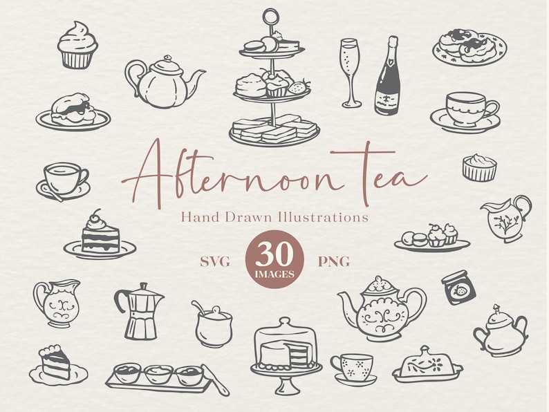 30 Hand Drawn Afternoon Tea Clipart Images in SVG & PNG - High Tea ...
