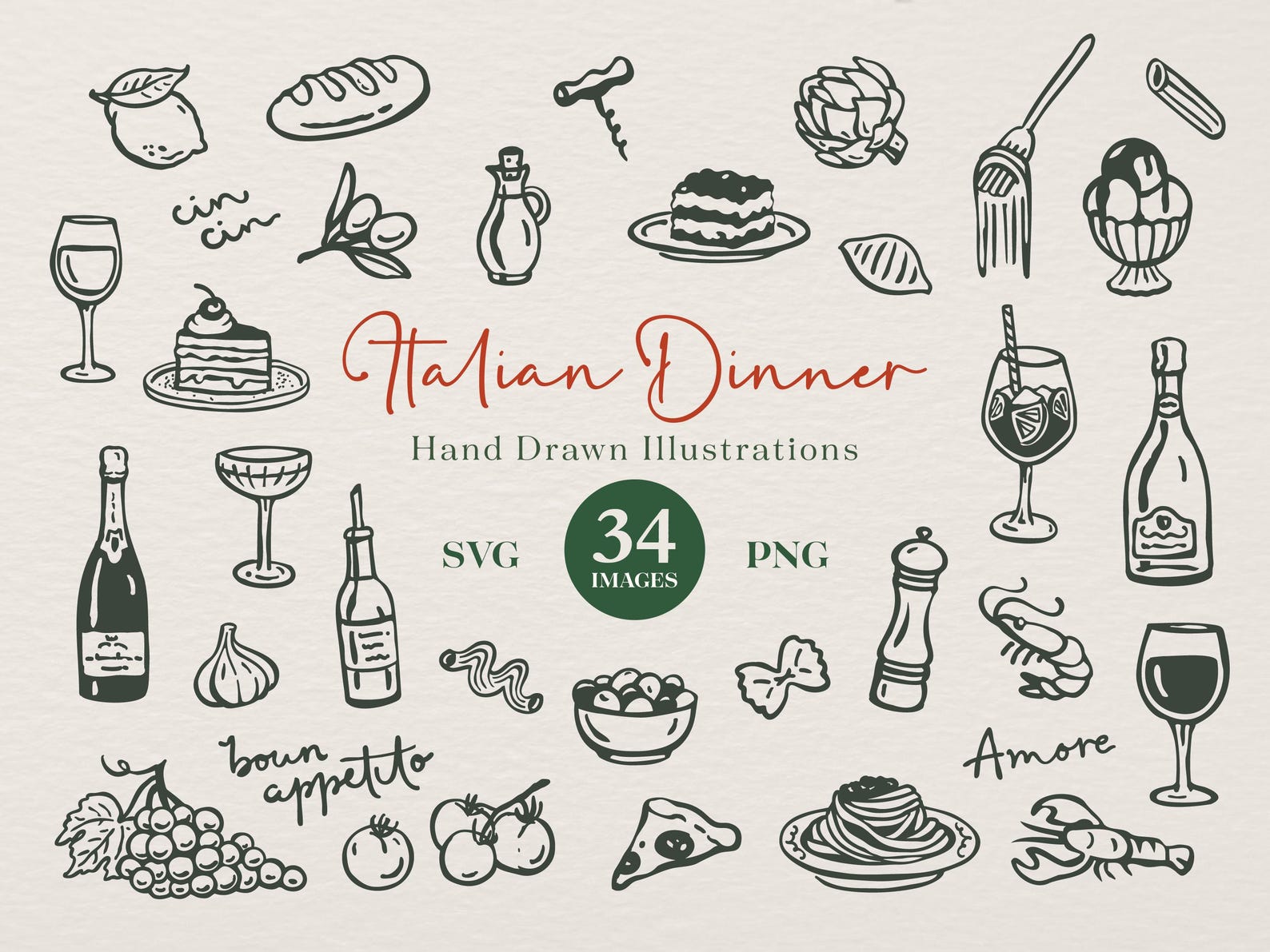 Italian Dinner Clipart: Hand-drawn Illustrations (SVG and PNG Files ...