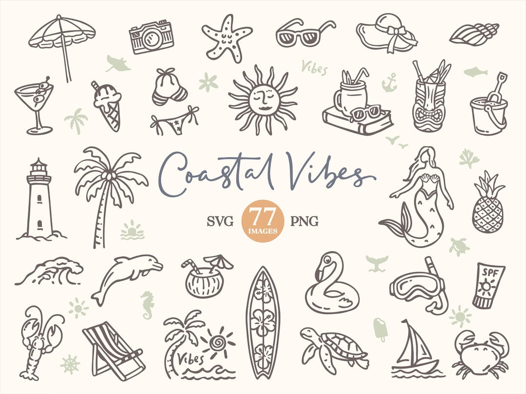 Coastal Clipart: Hand Drawn Summer Beach Images (SVG, PNG, Commercial ...
