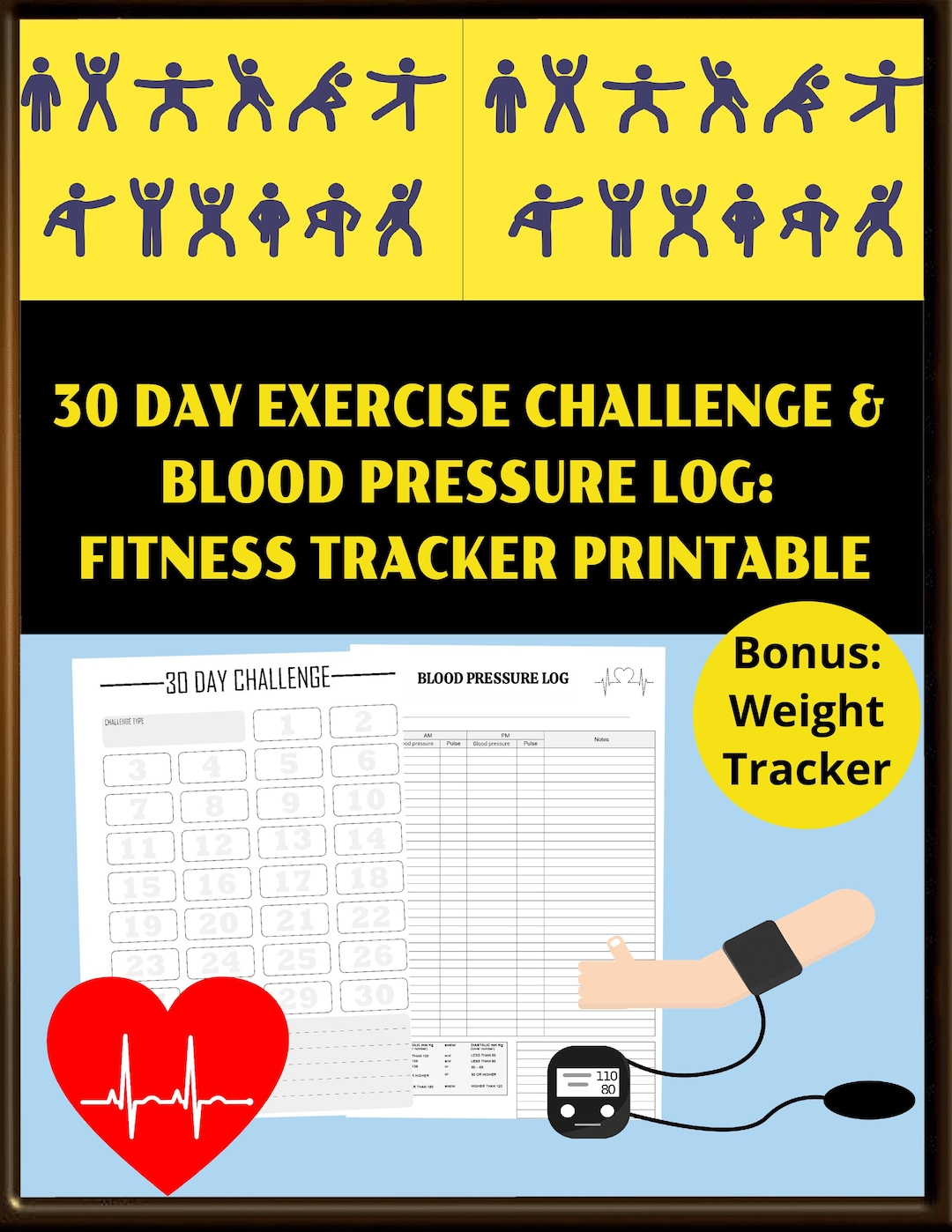 30 Day Exercise Challenge and Blood Pressure Log, Fitness Tracker ...