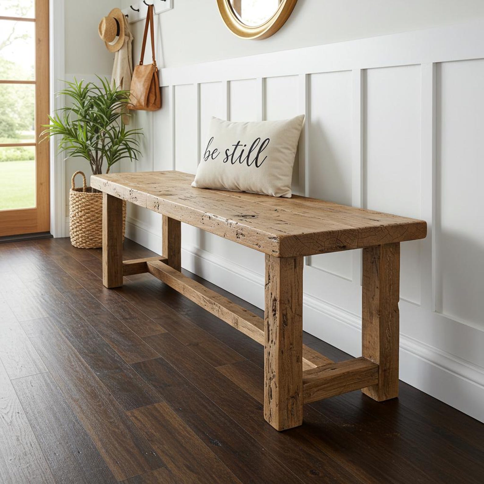 Rustic Reclaimed Wood Entryway Bench, Handcrafted Solid Chestnut Wood ...