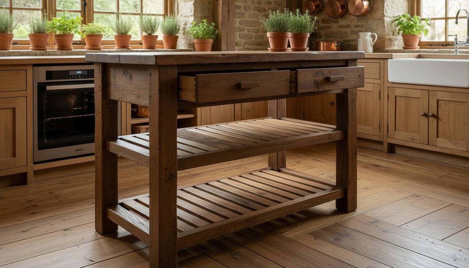 Rustic Chestnut Kitchen Island Table, Double Shelves AND Drawers ...