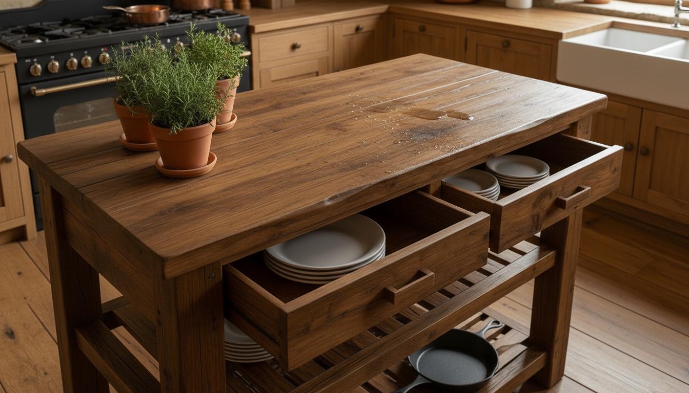 Rustic Chestnut Kitchen Island Table, Double Shelves AND Drawers ...
