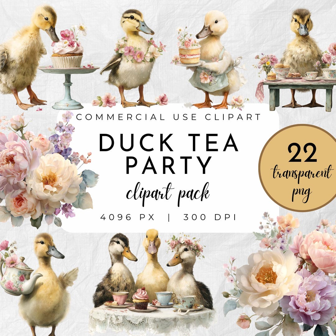 Duck Tea Party Clipart, Adorable Duckling Watercolor PNG, Pastel Floral ...