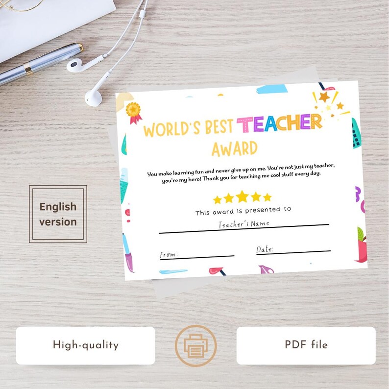 Best Teacher Award Certificate Printable, Teacher Appreciation Gift ...