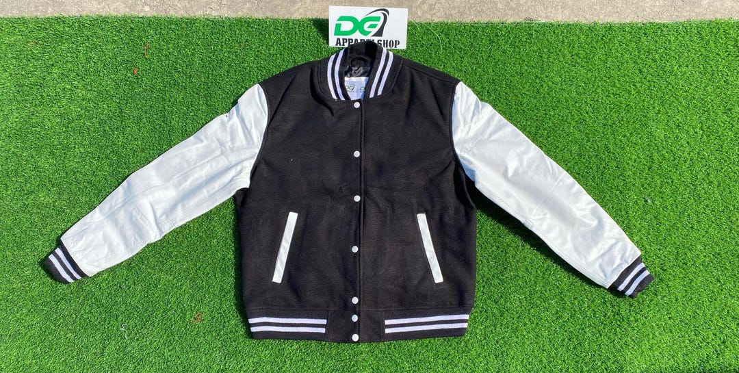 Handmade Varsity Jacket Black Wool and White Leather Sleeves Sports ...
