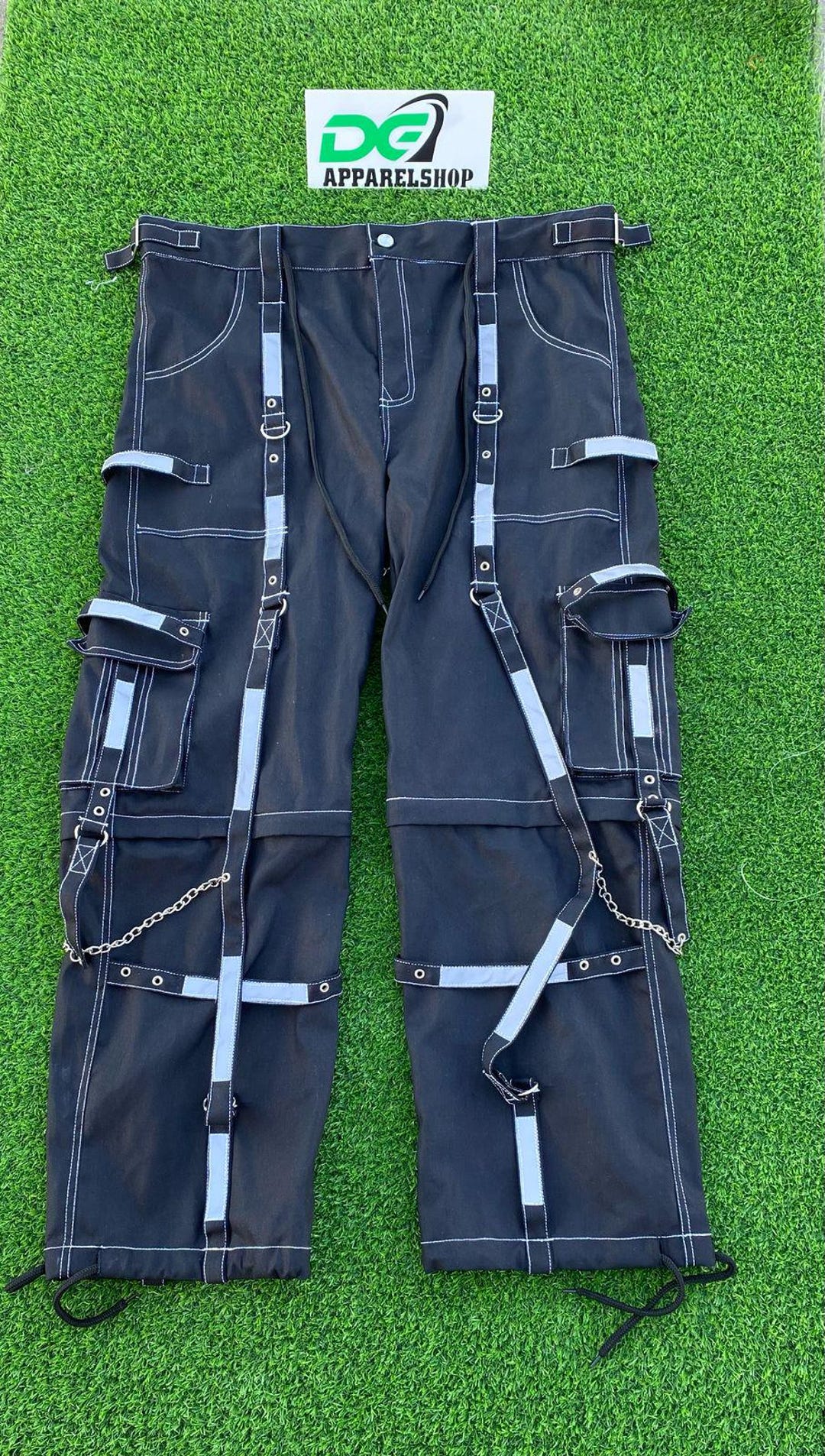 Handmade Men's Gothic Threads Reflective Pant Black Punk Buckle Zips ...