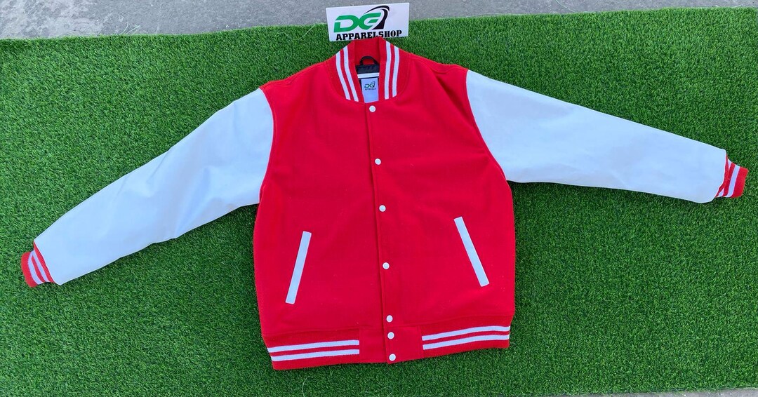 Varsity Jacket Handmade Red Wool and Original White Leather Sleeves ...