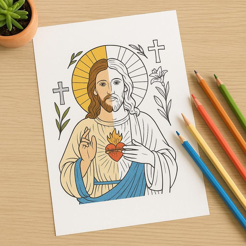 Printable Sacred Heart of Jesus Coloring Page: Christian Art (PDF) - Etsy