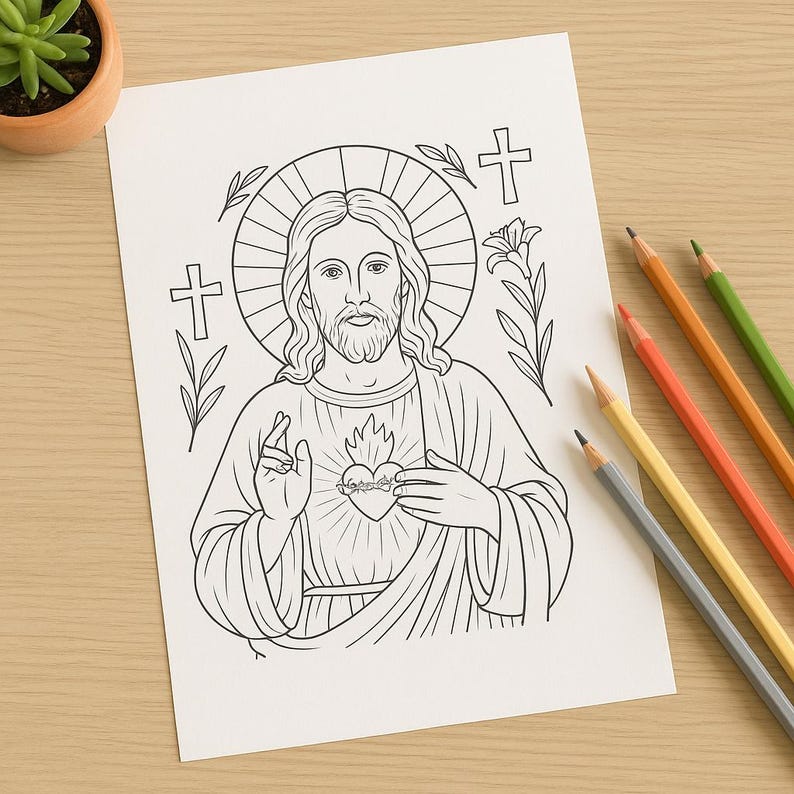 Printable Sacred Heart of Jesus Coloring Page: Christian Art (PDF) - Etsy