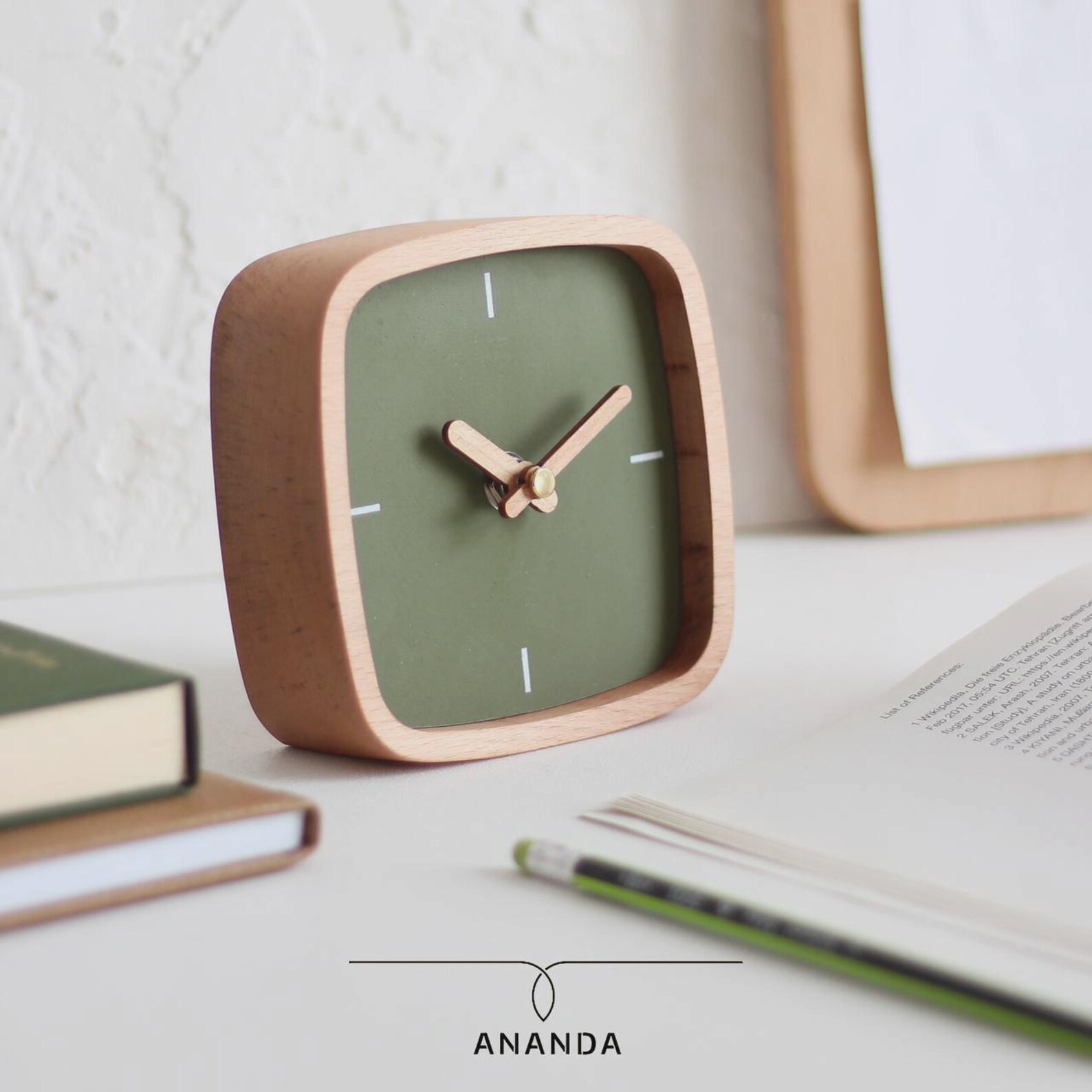 Minimalist Beech Wood Desk Clock – Silent, Green Acrylic Face - Etsy