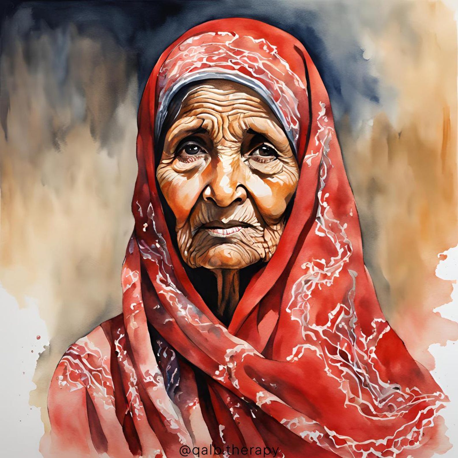 Elderly Woman Portrait, Red Chadar, Pakistan Folk Art- Digital Print ...