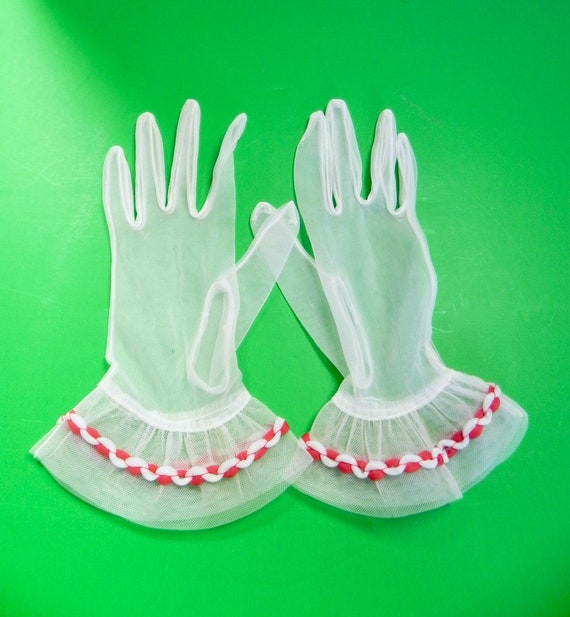 Vintage Net Gloves 40s Sheer Gloves with Red stitchin… - Gem