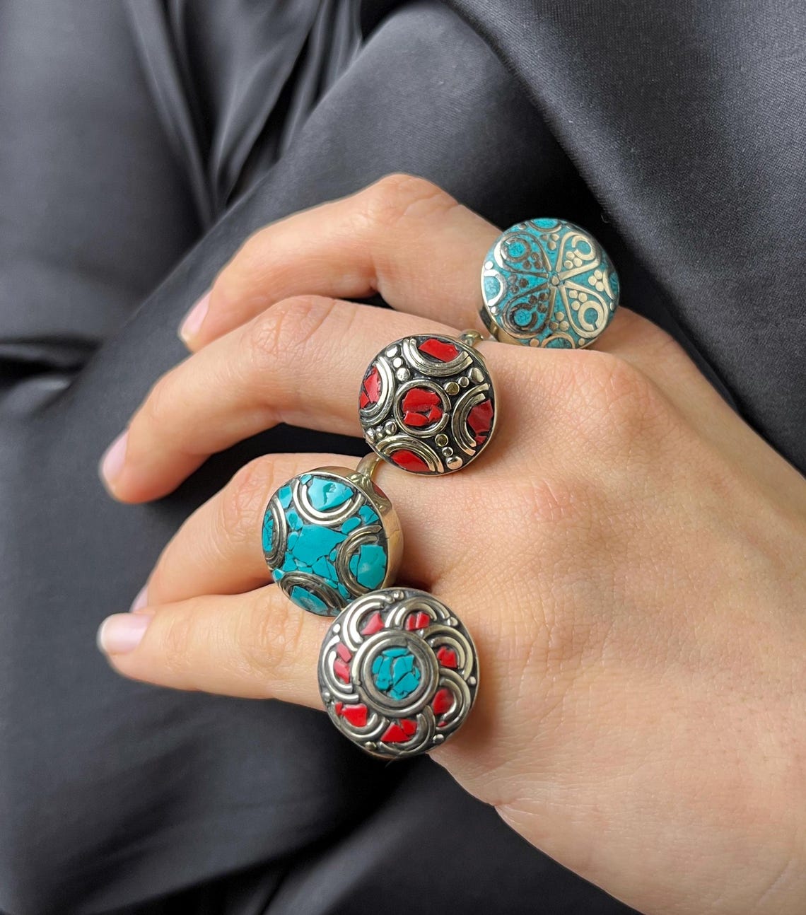 Handcrafted Nepalese Boho Rings – Tibetan Nickel Silver Jewelry With Turquoise & Coral, Lapis ...