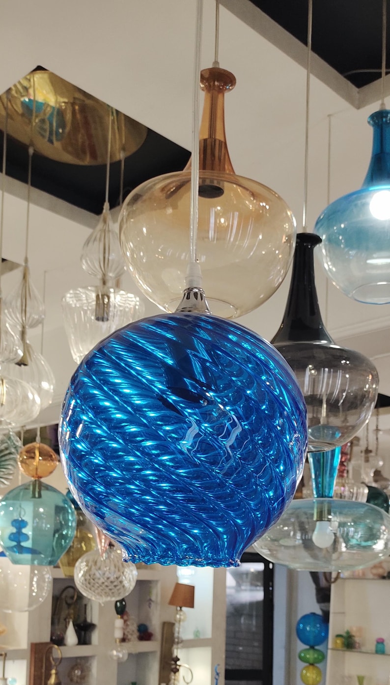 Hand-blown Blue Glass Pendant Light | Twisted Swirl Design | Modern ...