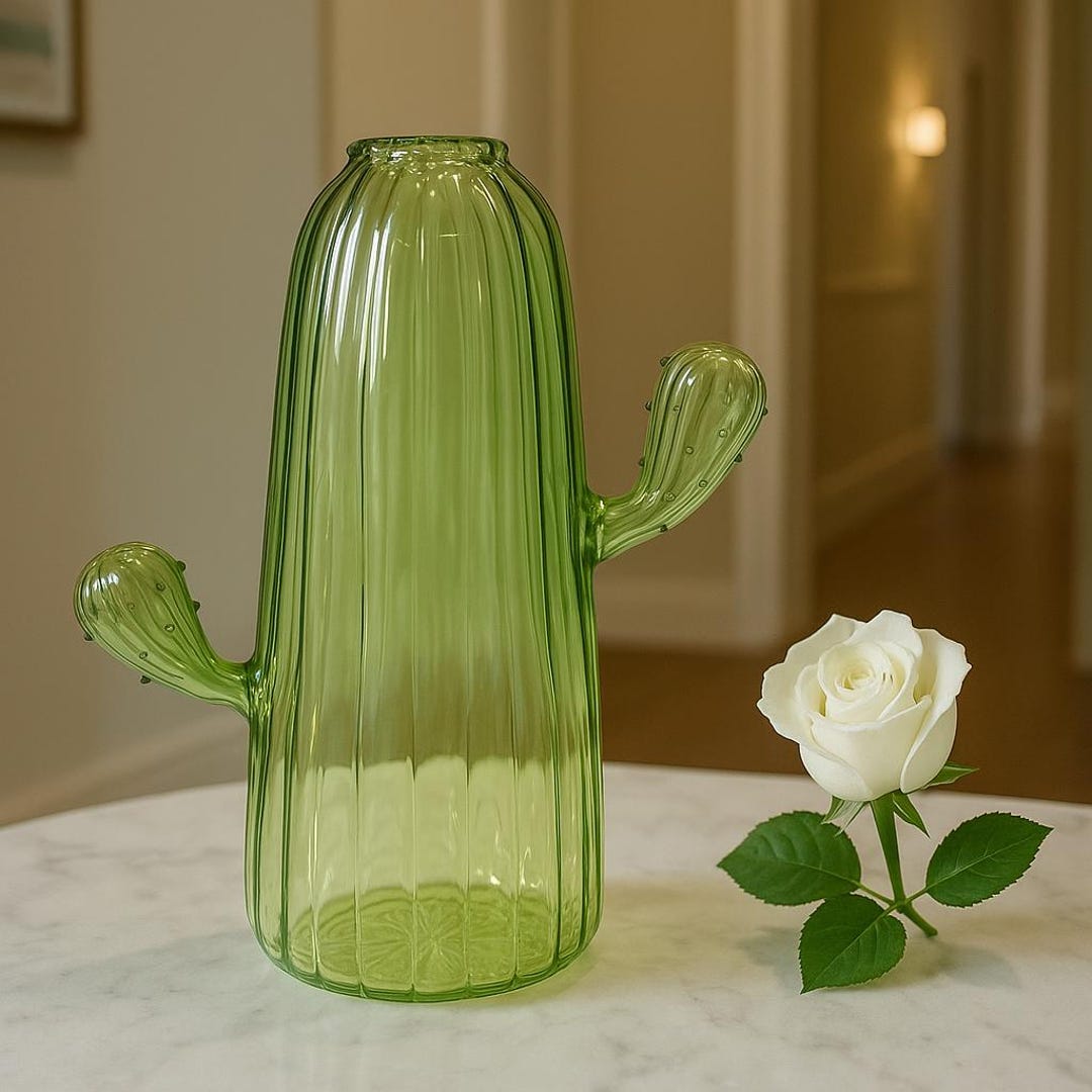 Hand-blown Green Glass Cactus Vase | Eco-friendly Centerpiece | Modern ...